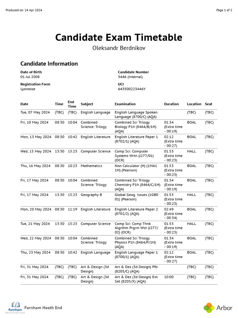 2024-04-24 Exam Timetable | PDF | Observation | Science