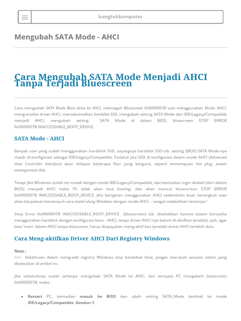Mengubah SATA Mode ke AHCI Tanpa Bluescreen | PDF