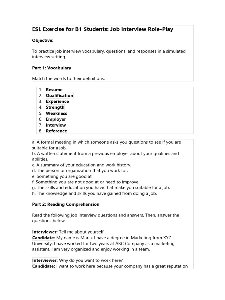 ESL Exercise for B1 Students | PDF | Job Interview | Reading Comprehension