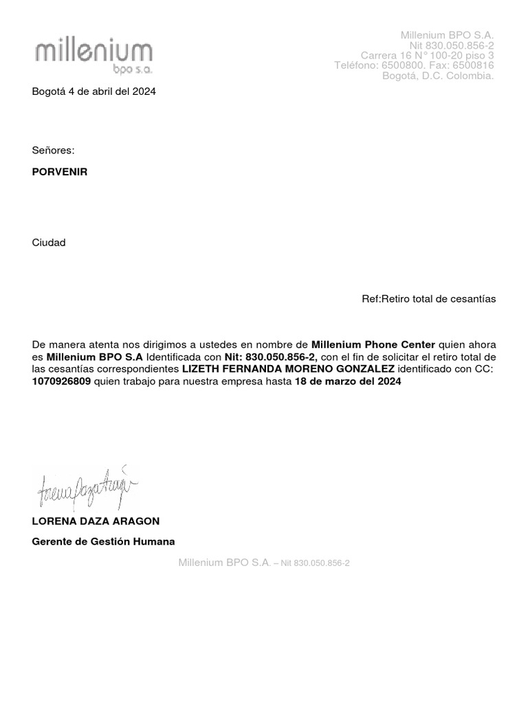 Certificado Retiro Total Cesantías-Persona Retirada 1070926809 ...