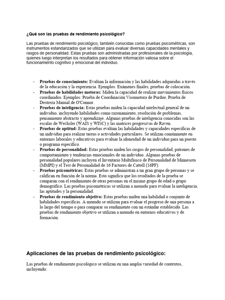 Pruebas de Rendimiento Psicológico | PDF | Sicología | Inteligencia
