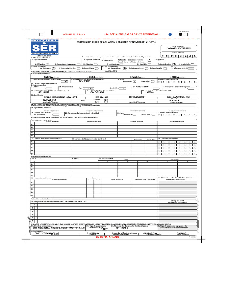 Formulario Mutual Ser Eps | PDF | Documento de identidad