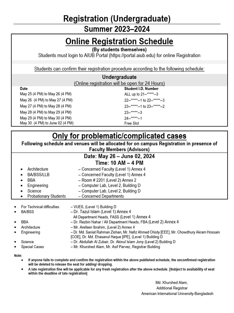 AIUB Summer 2023-2024 Registration Schedule | PDF | Bangladesh