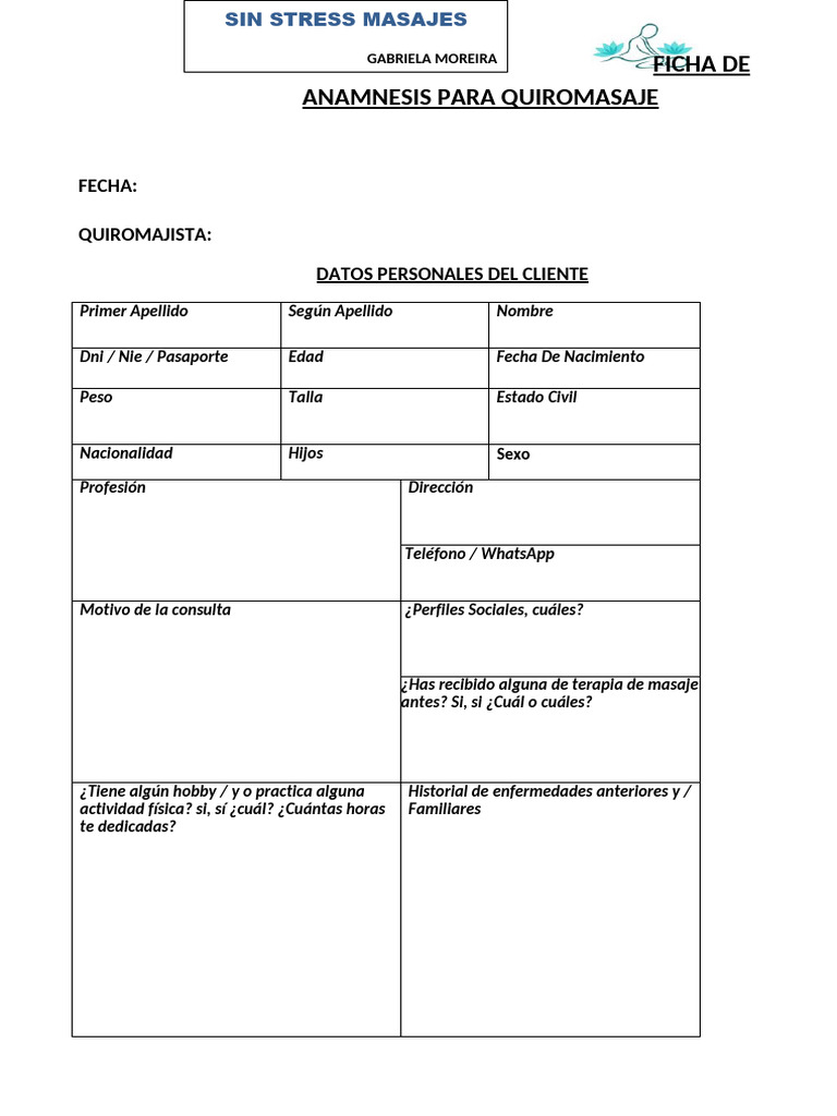 FICHA DE ANAMNESIS PARA QUIROMASAJE em PDF | PDF | Ansiedad | Enfermedades y trastornos