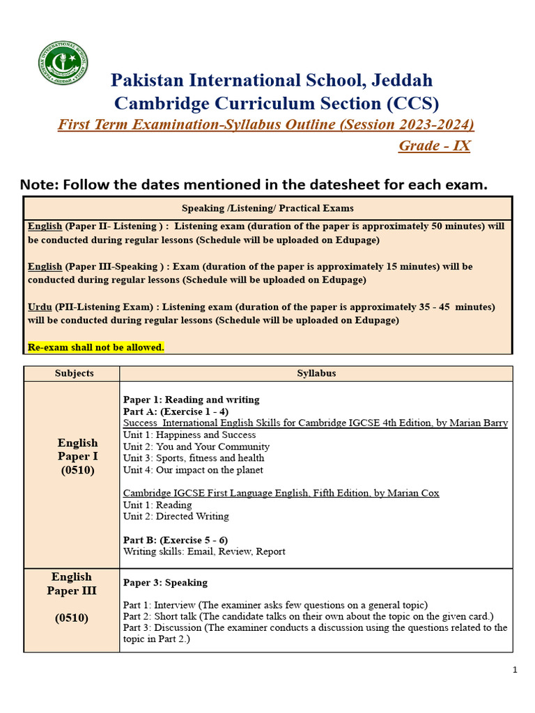 Grade 9 First Term Exam Syllabus Outline Upd-1 | PDF | Chemistry | Surah