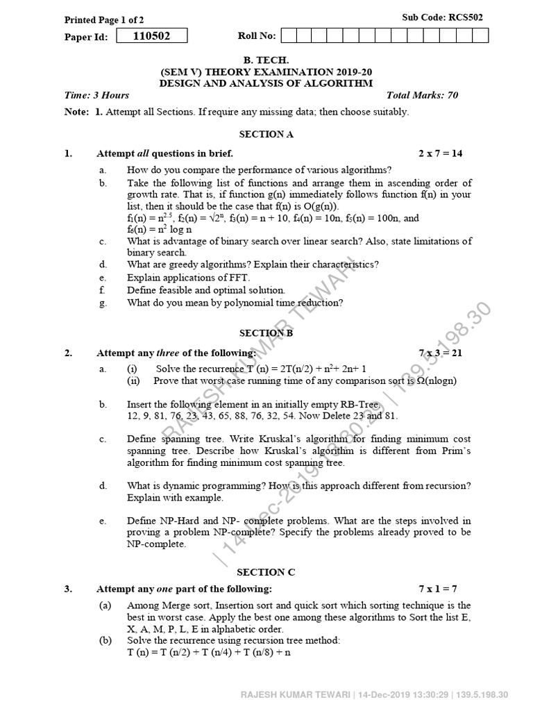 Design and Analysis of Algorithm - RCS502 | PDF | Time Complexity | Dynamic Programming