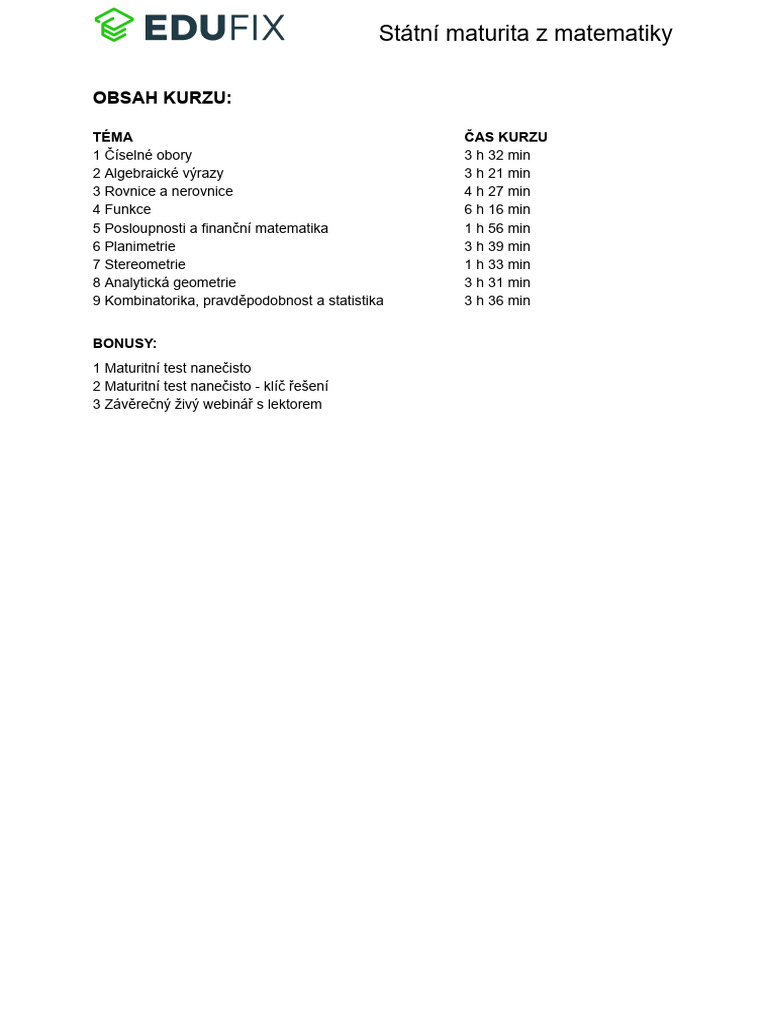 Obsah Kurzu Matika | PDF