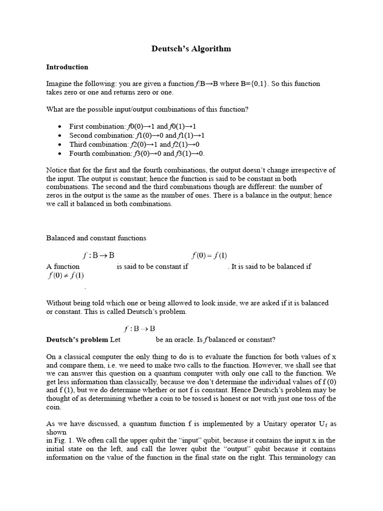 Deutsch’s Algorithm notes. | PDF | Theoretical Physics | Quantum Mechanics Deutsch’s Algorithm notes. | PDF | Theoretical Physics | Quantum Mechanics
