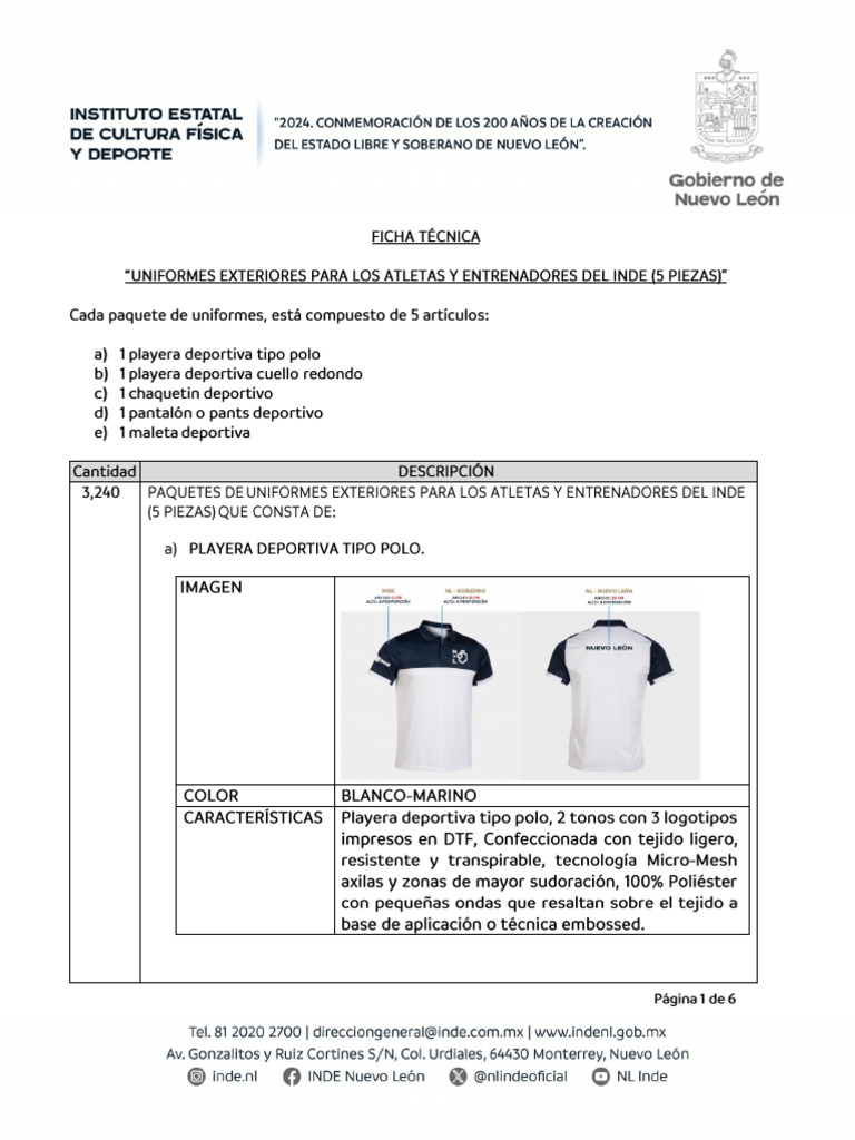 Ficha Tecnica Inde-Lpnp-005-2024 Unif Exteriores Con Imagenes | PDF
