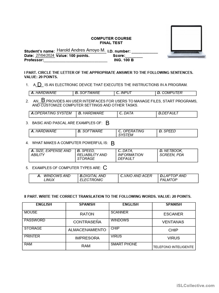 Examen Final Ingles | PDF | Computer Hardware | Personal Digital Assistant
