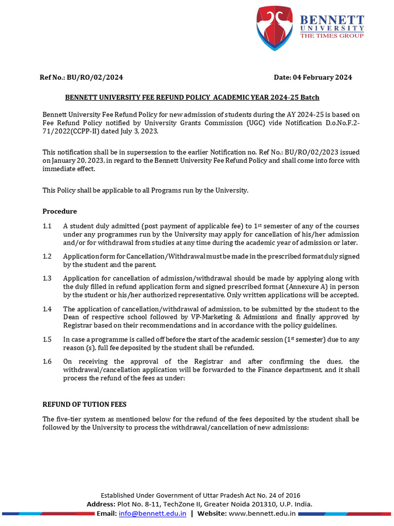 Bennett University Fee Refund Policy 2024-25 | PDF | Pro Rata