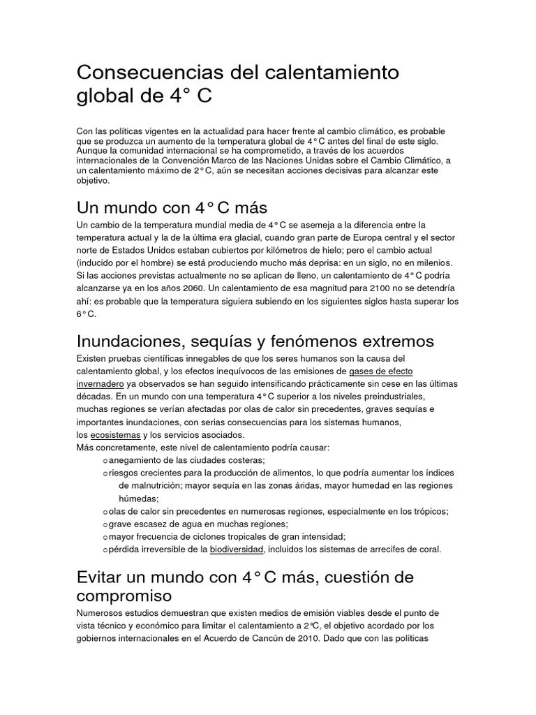 Consecuencias del calentamiento global 4°C | PDF | Cambio climático ...