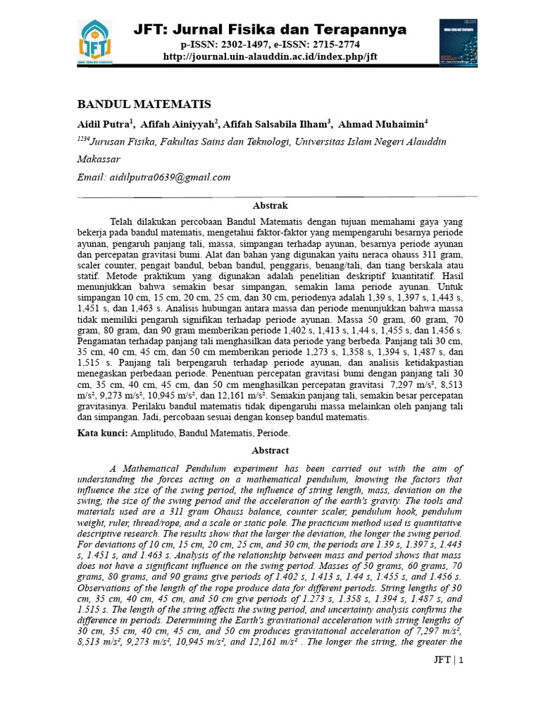Aidil - JURNAL PERC4 Bandul | PDF | Sains & Matematika