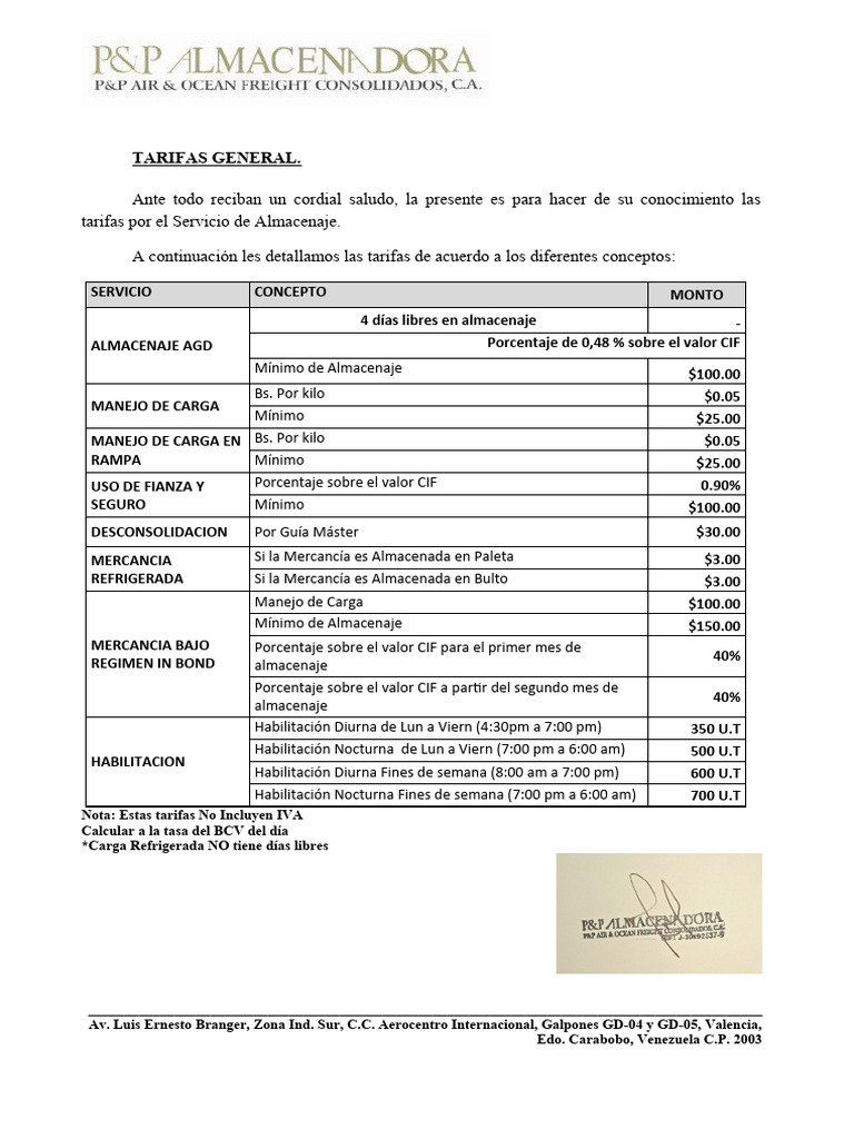 Tarifas General. | PDF