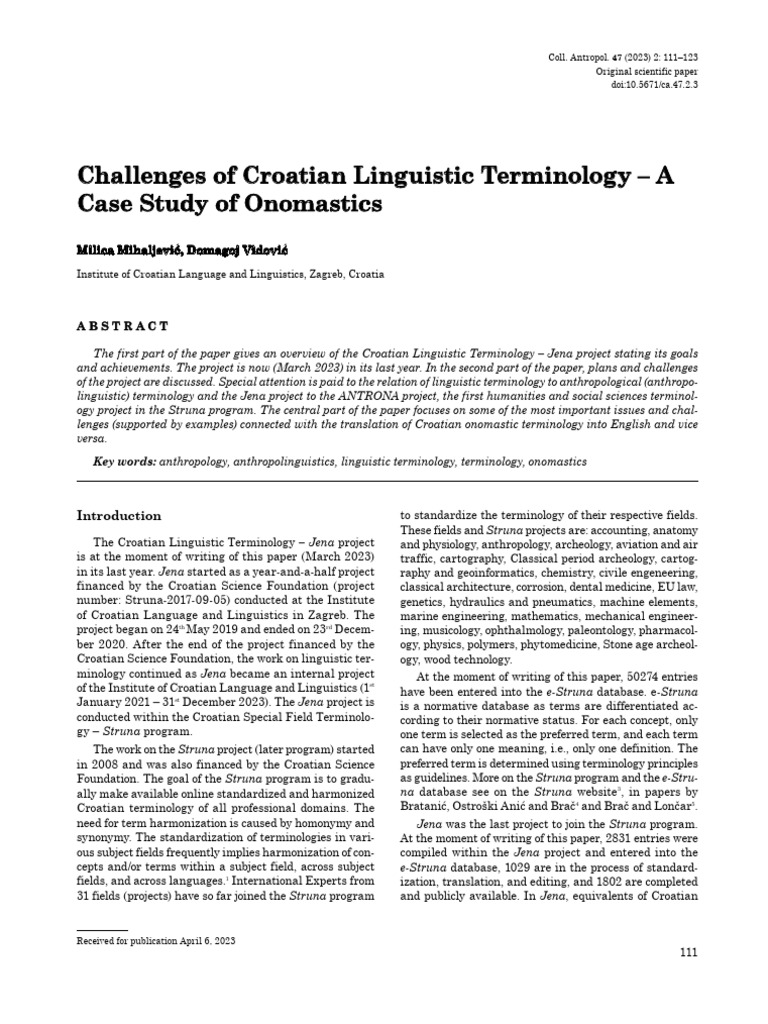 Croatian Onomastics and Terminology Challenges | PDF | Linguistics ...