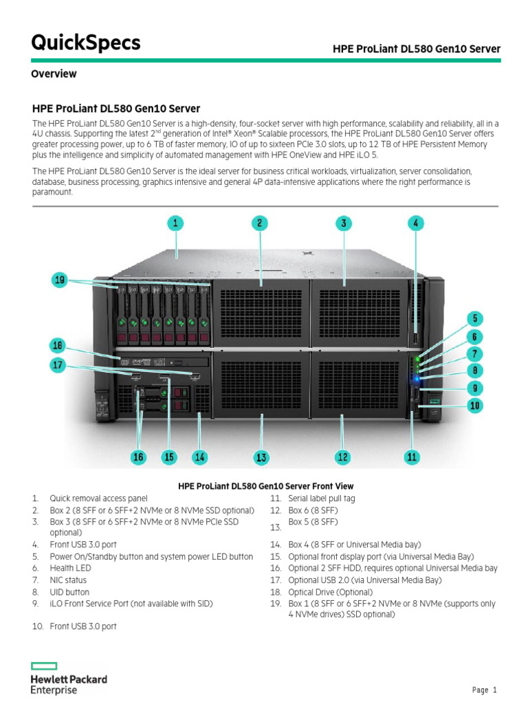 HPE ProLiant DL580 Gen10 Server QuickSpecs | PDF | Computing | Office Equipment