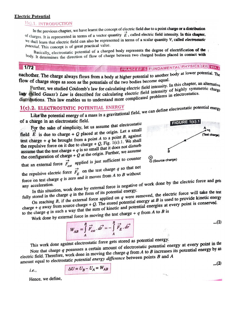 CH 2 Electrosttic Potential and Capacitance | PDF | Voltage | Potential Energy