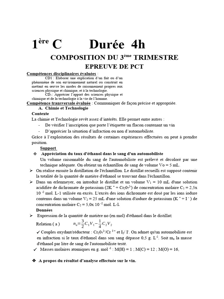 1ère C Compo 3 Trim 3 | PDF | Réaction d'oxydoréduction | Chrome