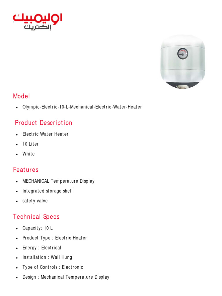 Electrical Water Heater 10 L - Olympic | PDF