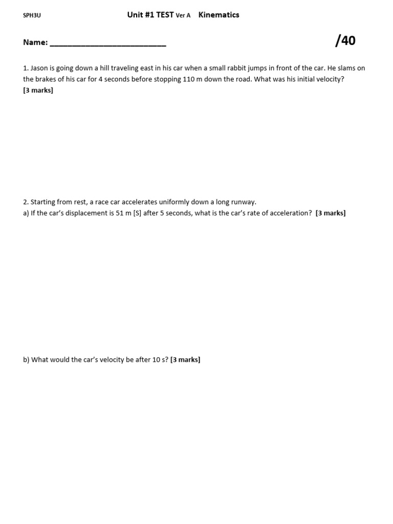 Unit 1 Test SPH3U Kinematics Ver A | PDF | Travel | Science & Mathematics
