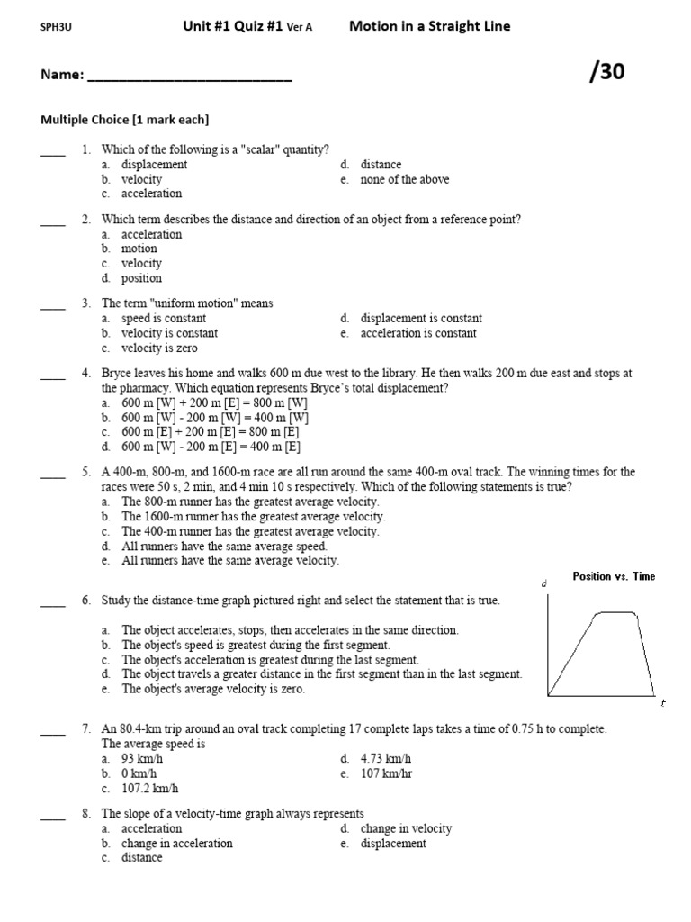 Unit 1 Quiz 1 SPH3U Motion in A Straight Line Ver A | PDF | Velocity ...