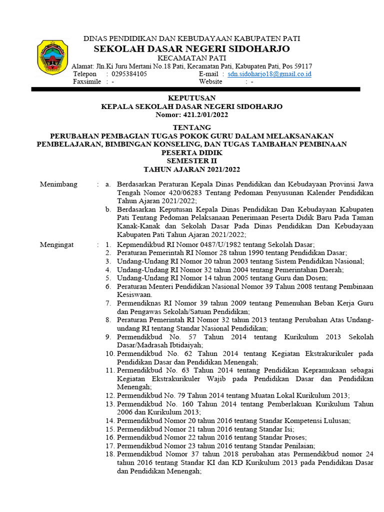 SK Pembagian Tugas Mengajar 2021 - 2022 - Semester 2 | PDF