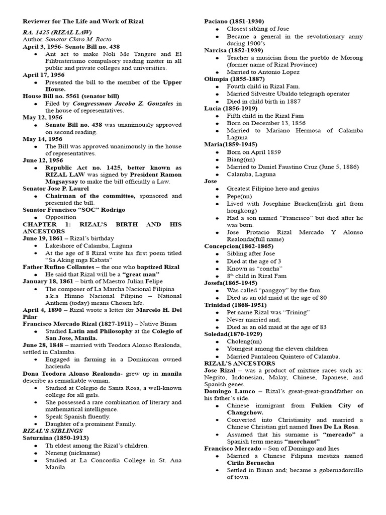 Reviewer For The Life and Work of Rizal | PDF | Philippines