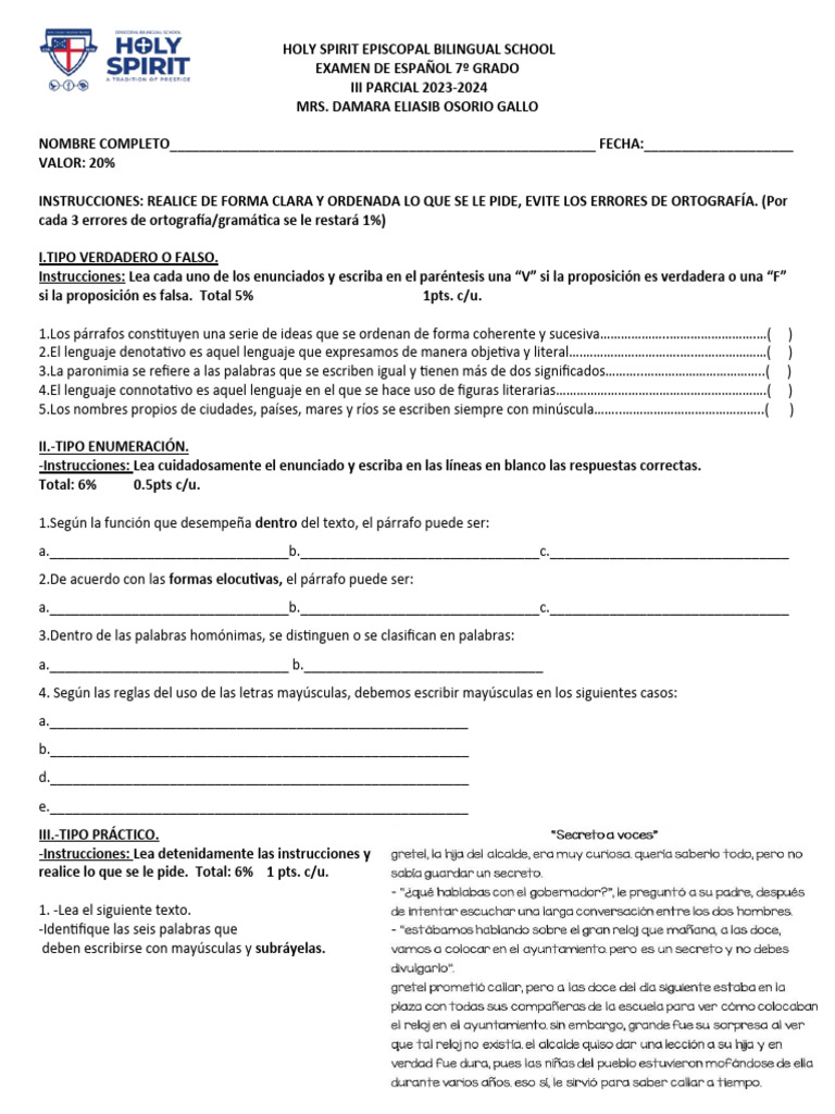 Exámenes de Español 7º a 10º Grado 2023-2024 | PDF | Proposición | Sílaba