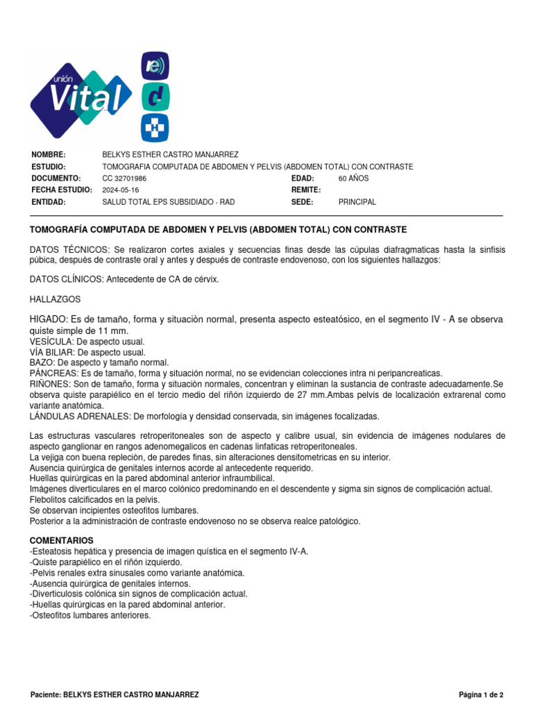 Quiste parapiélico izquierdo en TC | PDF | Abdomen | Riñón