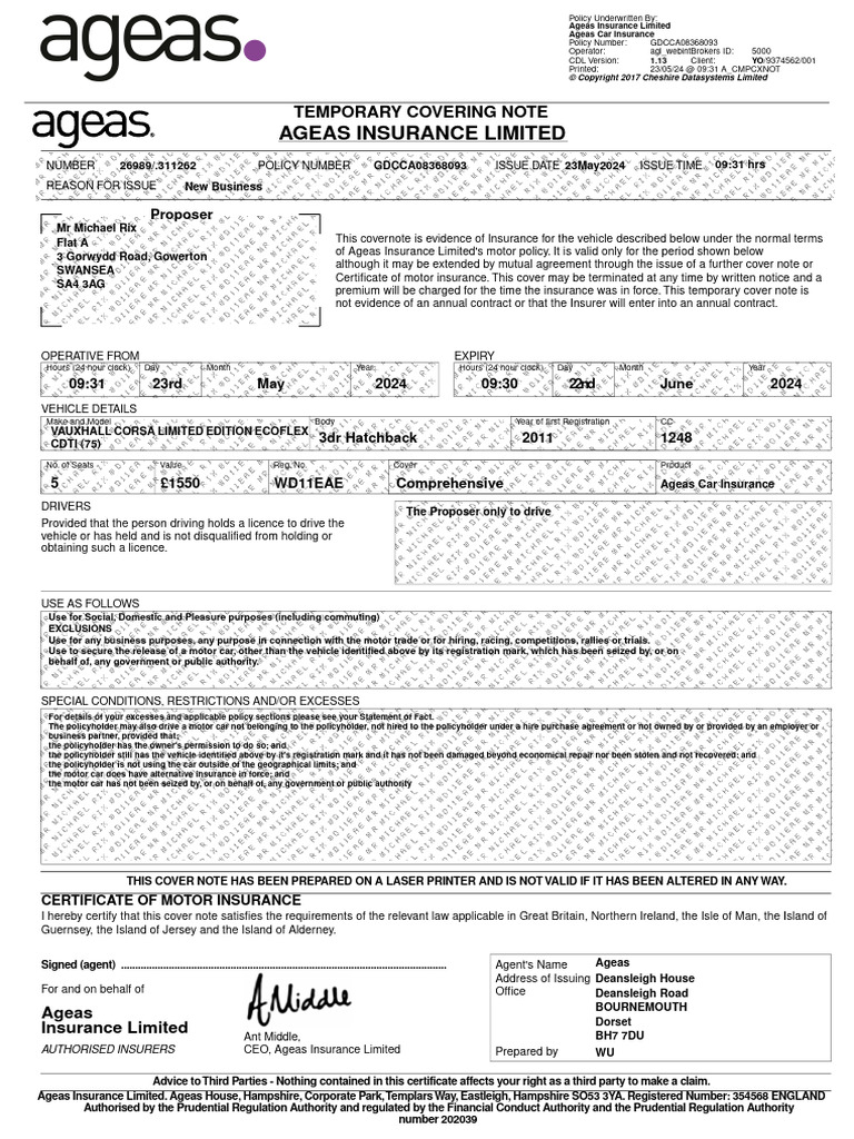 Covernote | PDF | Vehicle Insurance | Insurance