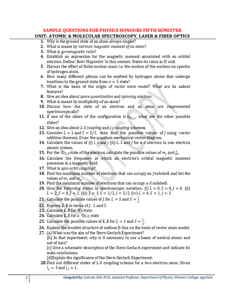 Fifth Semester Physics Honours _Sample Questions_U_III | PDF | Laser | Energy Level