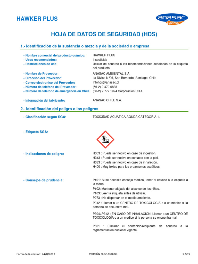 HAWKER-PLUS HOJA DE SEGURIDAD (1) | PDF | Pesticida | Contaminación