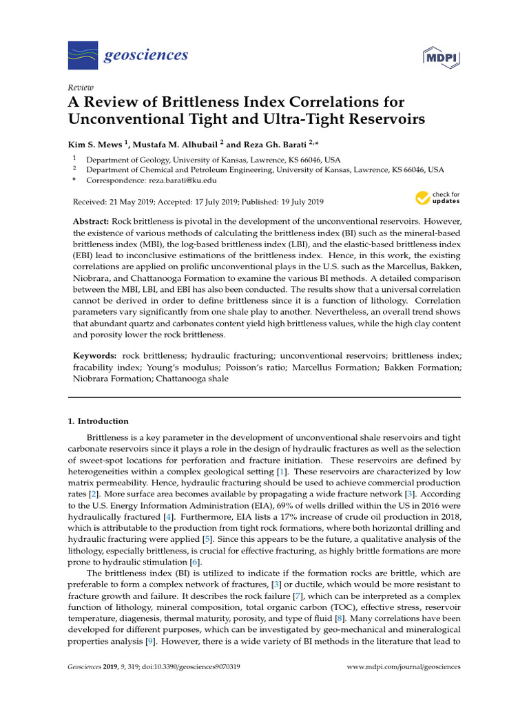 A Review of Brittleness Index Correlations For Unconventional Tight and Ultra-Tight Reservoirs ...