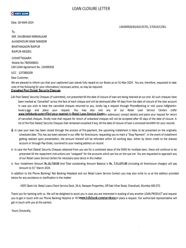 HDFC Loan Closure | PDF | Banks | Cheque