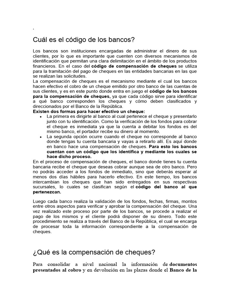 Códigos de Bancos para Compensación de Cheques | PDF | Cheque | Bancos