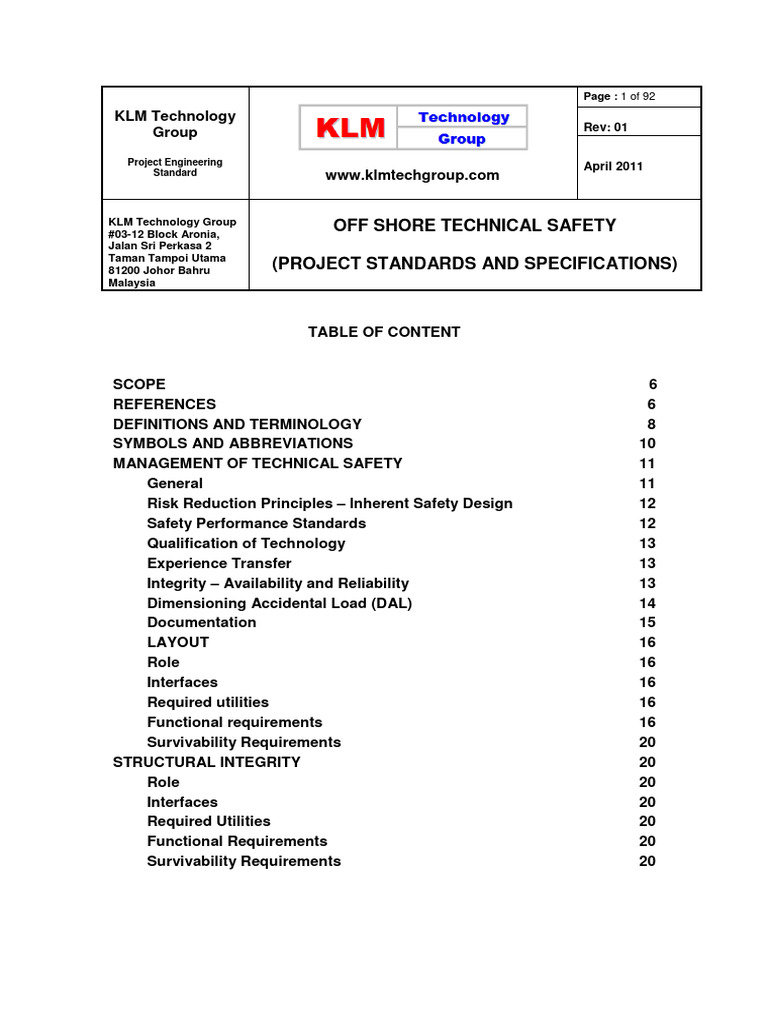 PROJECT STANDARD AND SPECIFICATIONS Offshore Technical Safety Rev01 | PDF | Reliability ...