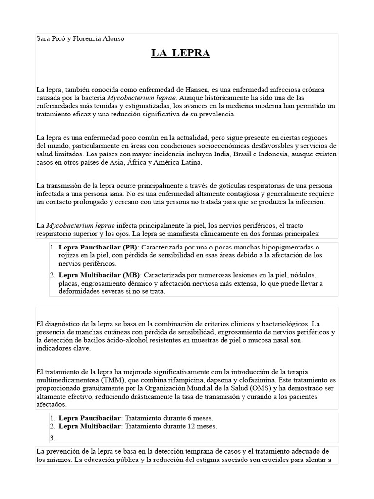 Lepra: Causas, Tratamiento y Prevención | PDF | Lepra | Infección