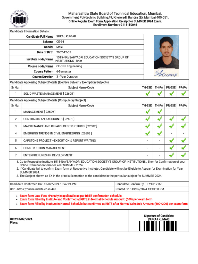 Exam Form Application of Candidate for | PDF | Educational Stages