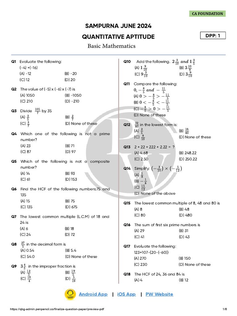 Basic Mathematics - DPP 01 | PDF | Discrete Mathematics | Algebra