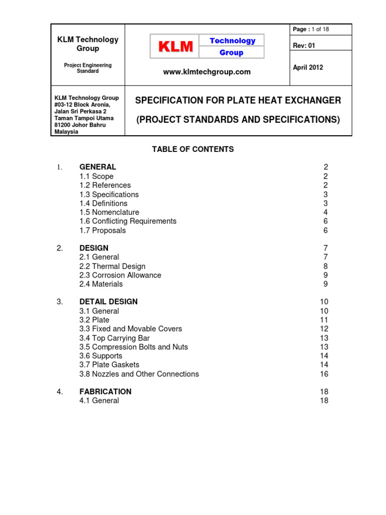 PROJECT STANDARDS AND SPECIFICATIONS Plate Heat Exchangers Rev01 | PDF | Mechanical Engineering ...
