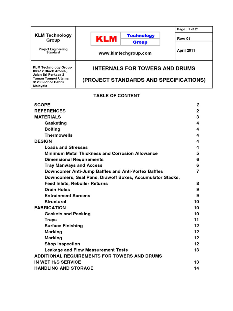 PROJECT STANDARDS AND SPECIFICATIONS Internals For Towers and Drums ...