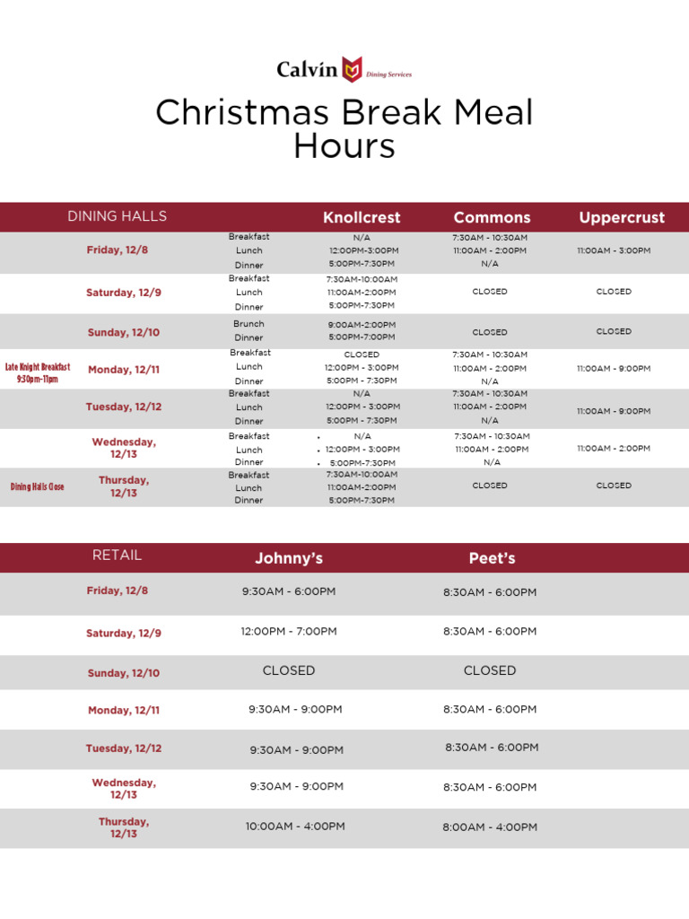 Christmas Break 2023 Dining Hours | PDF | Dinner | Lunch