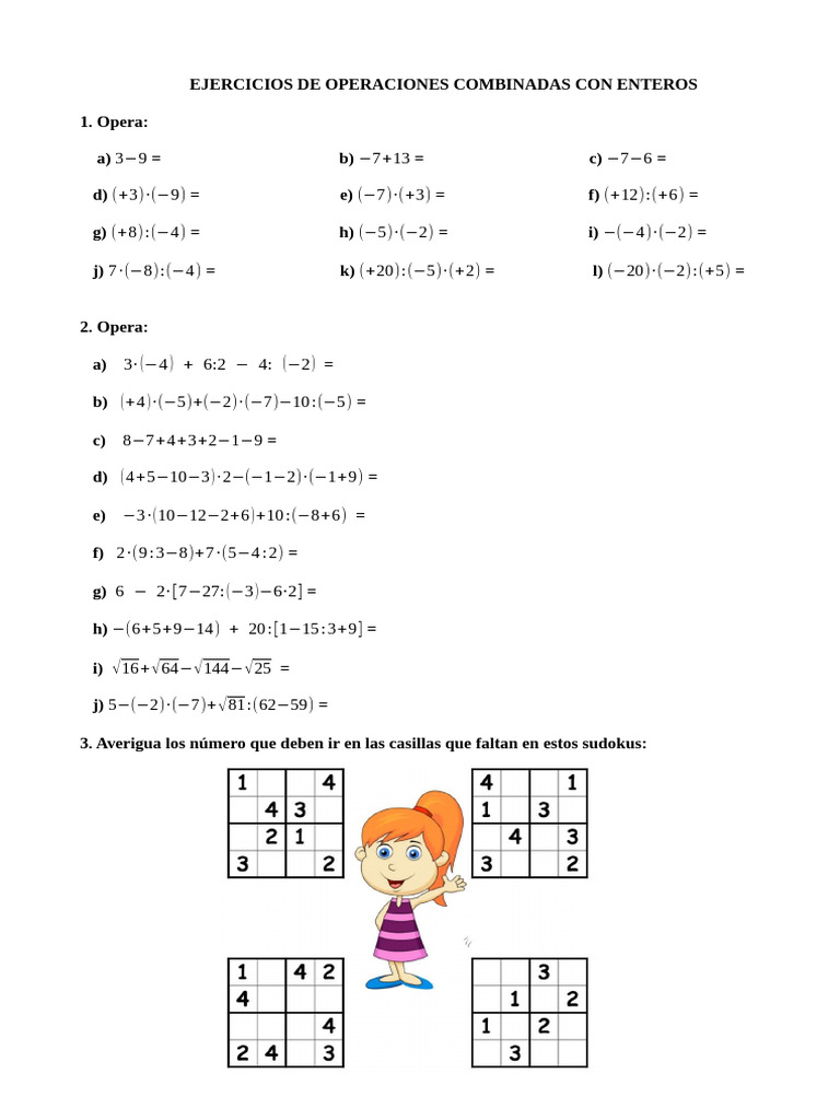 Ficha operaciones combinadas enteros 1º ESO | PDF