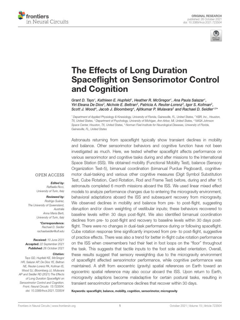 The Effects of Long Duration Spaceflight On Sensorimotor Control and Cognition | PDF ...