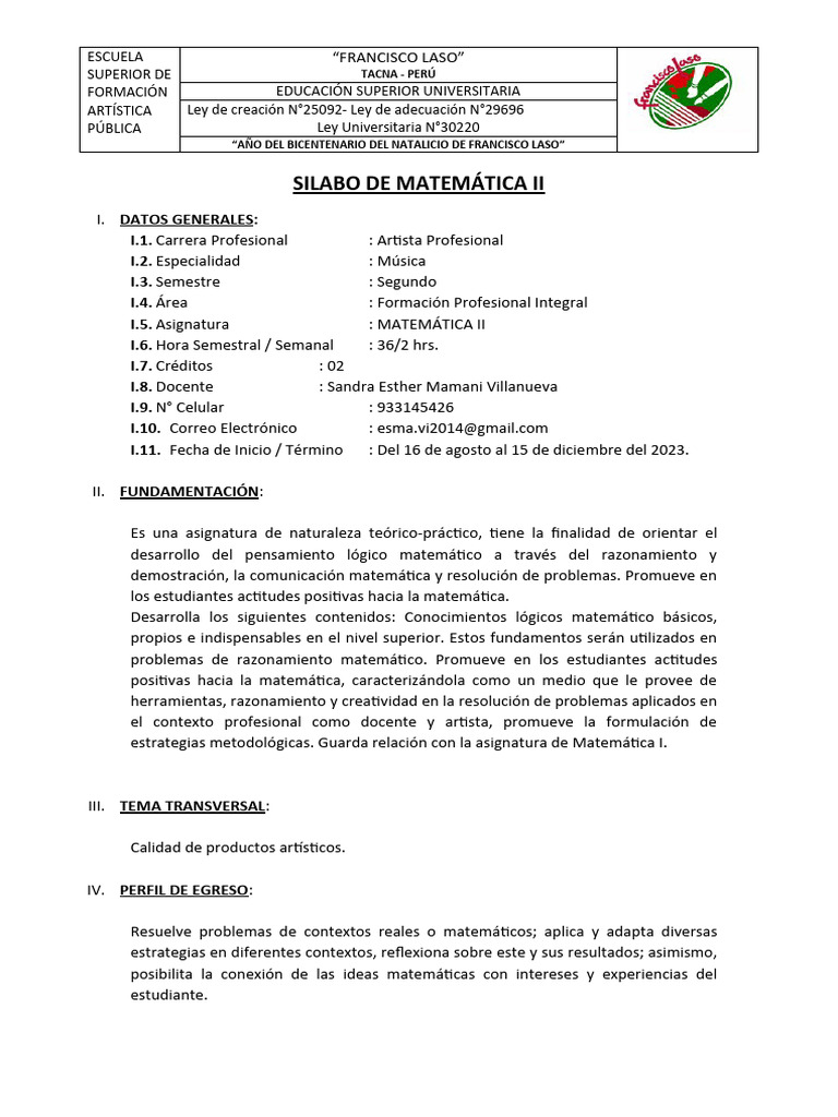 Silabo de Matemática II - Artista Profesional | PDF | Evaluación | Ecuaciones