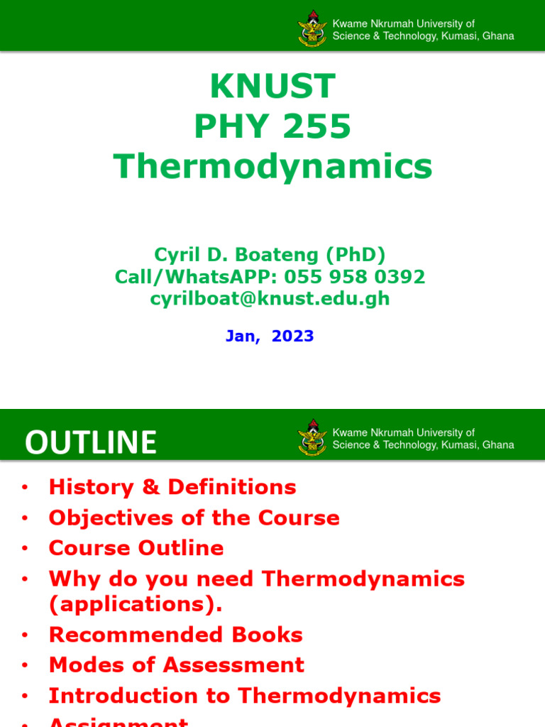 KNUST PHY 255 Thermodynamics Course Guide | PDF | Thermodynamics | Gases