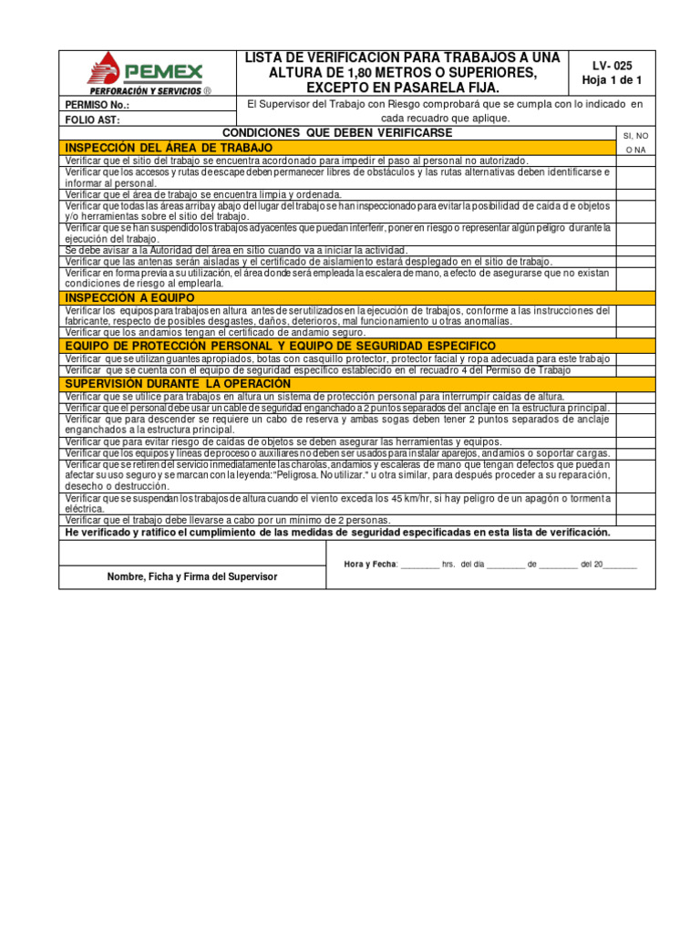 LISTA DE VERIFICACION 025 PARA TRABAJOS A UNA ALTURA DE MAS DE 1,80 ...