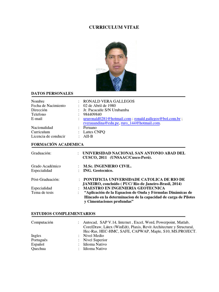 Curriculum Actualizado Ronald Vera | PDF | Ingeniería geotécnica ...