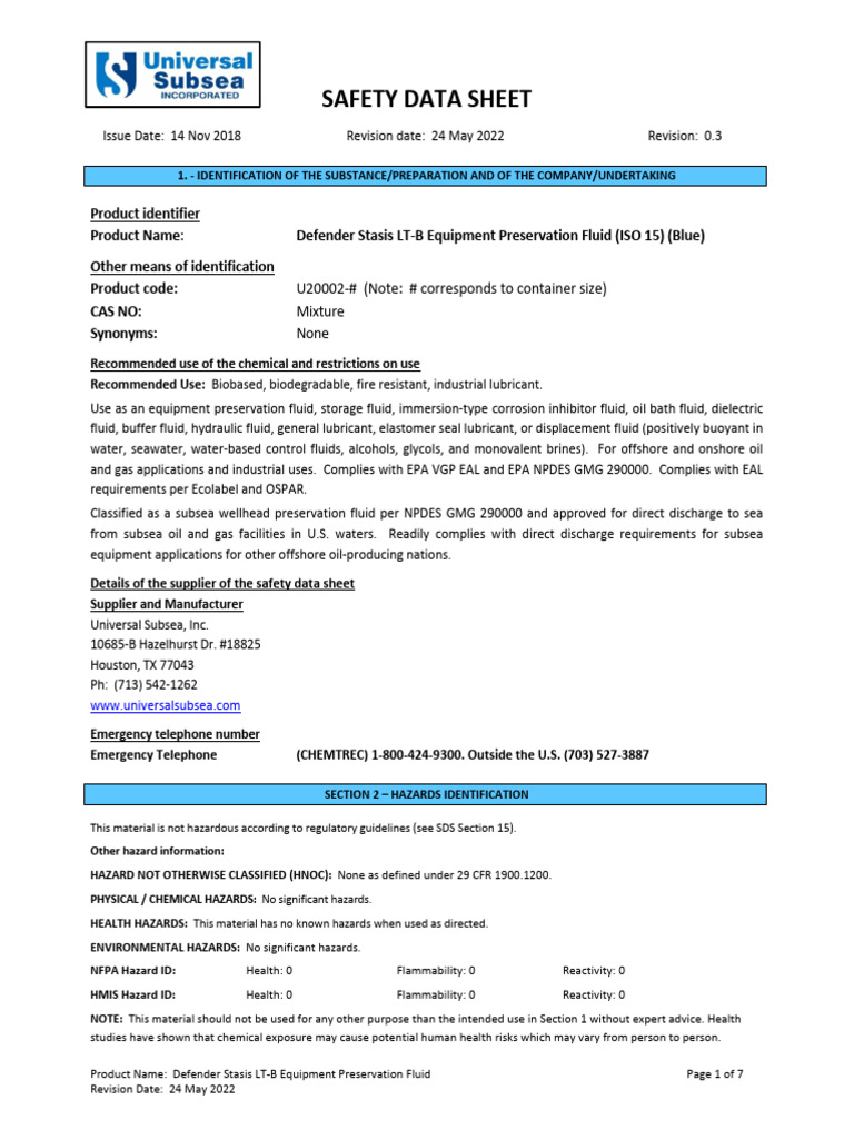 Defender Stasis LT-B Fluid SDS | PDF | Firefighting | Superfund