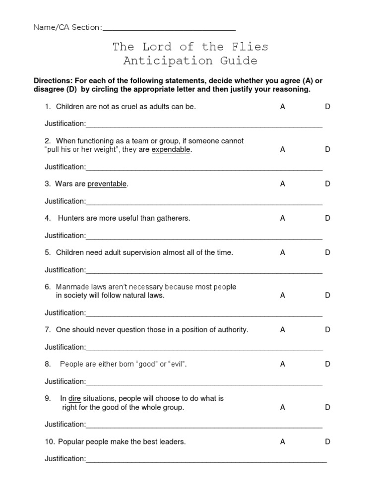 Lord of the Flies Anticipation Guide | PDF